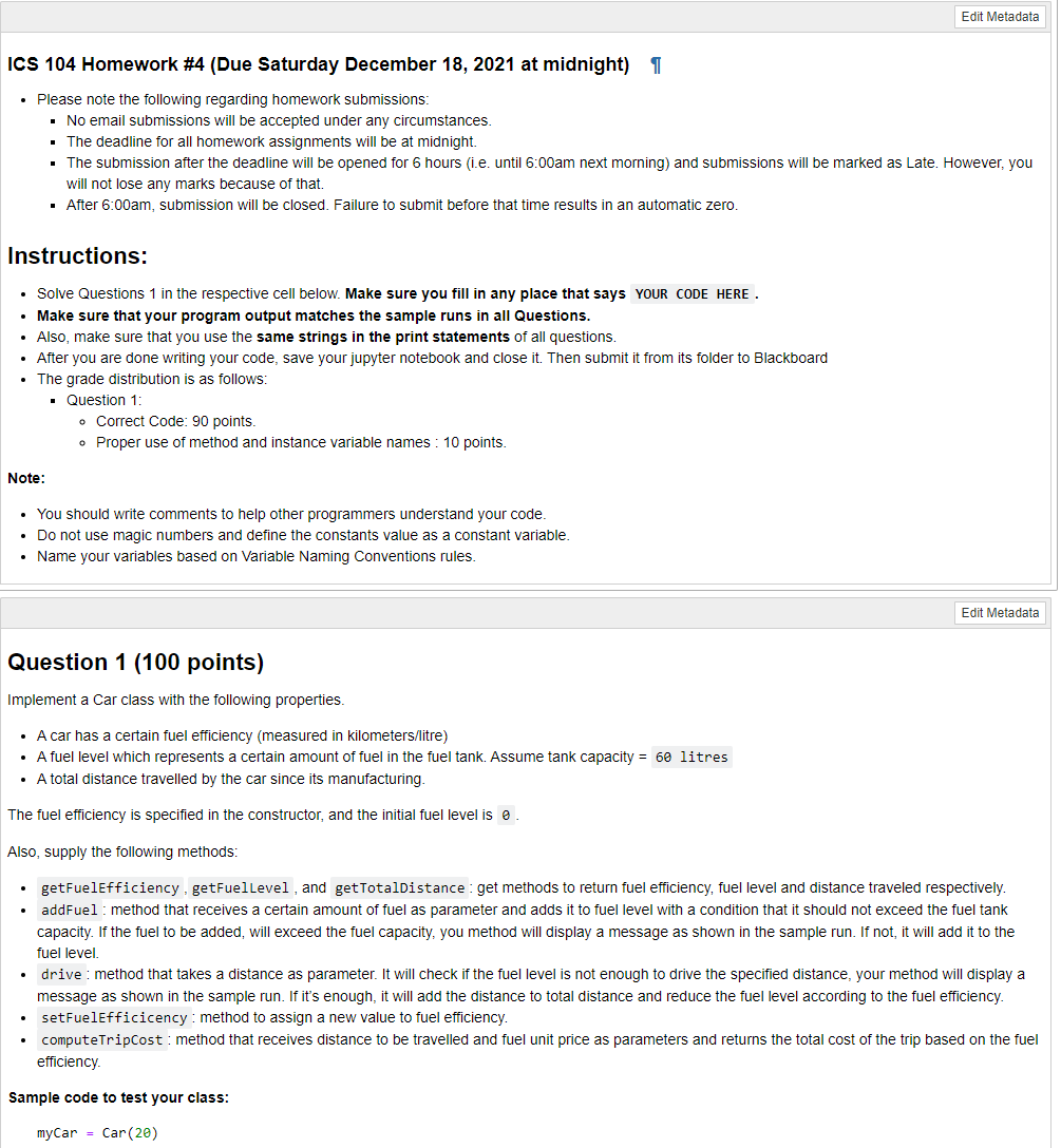 Solved Question 1 (100 points) Implement a Car class with | Chegg.com