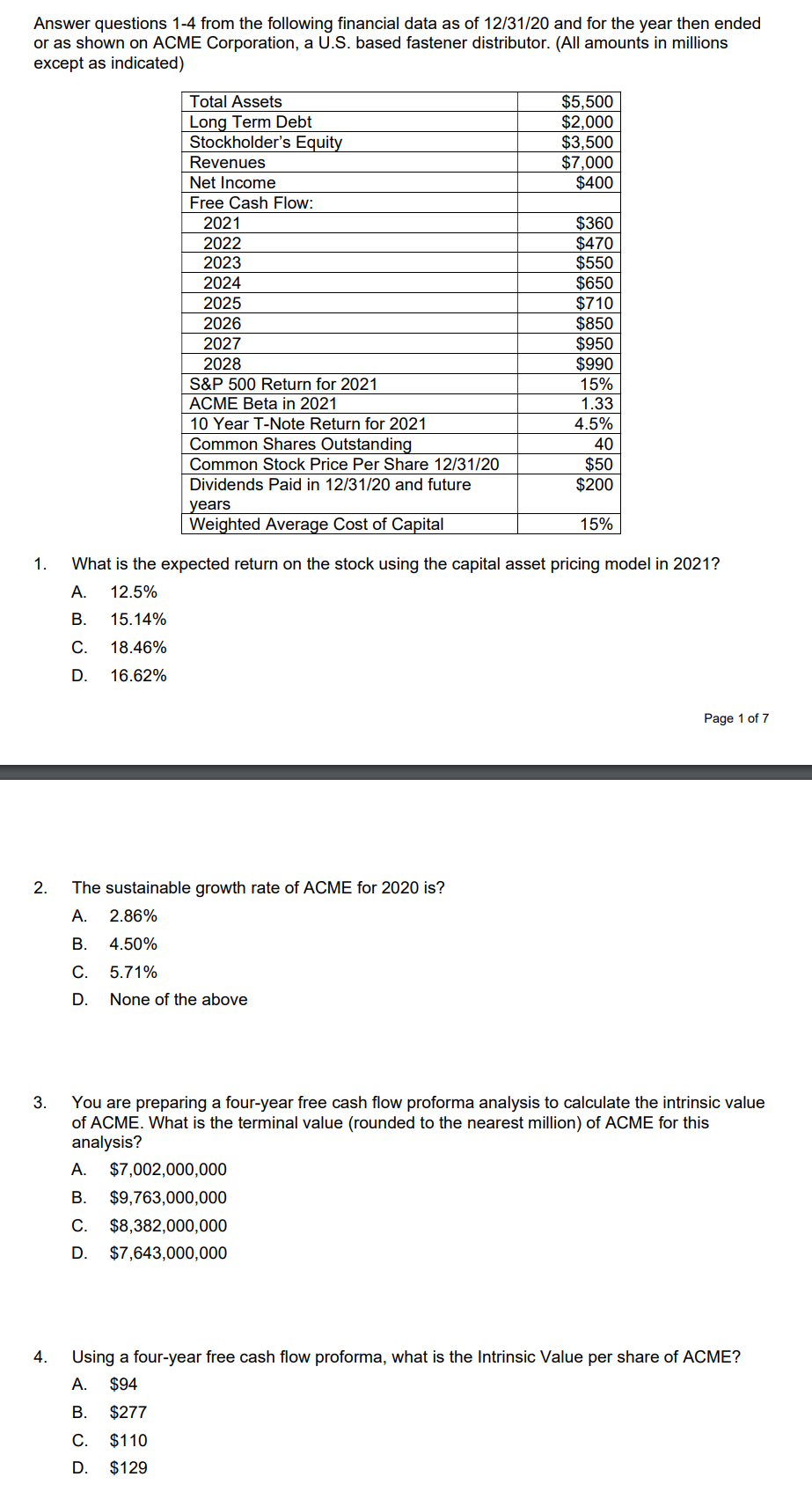 Solved Answer questions 1-4 from the following financial | Chegg.com