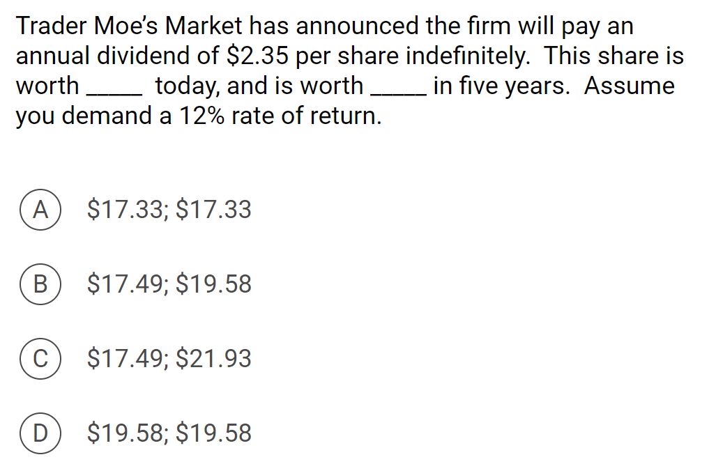 Solved Trader Moe's Market has announced the firm will pay | Chegg.com