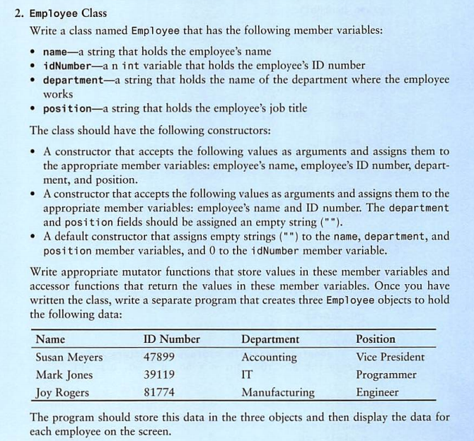 Solved 2. Employee Class Write a class named Employee that | Chegg.com