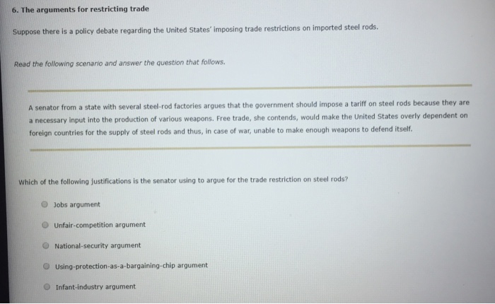 Solved 6. The arguments for restricting trade Suppose there | Chegg.com