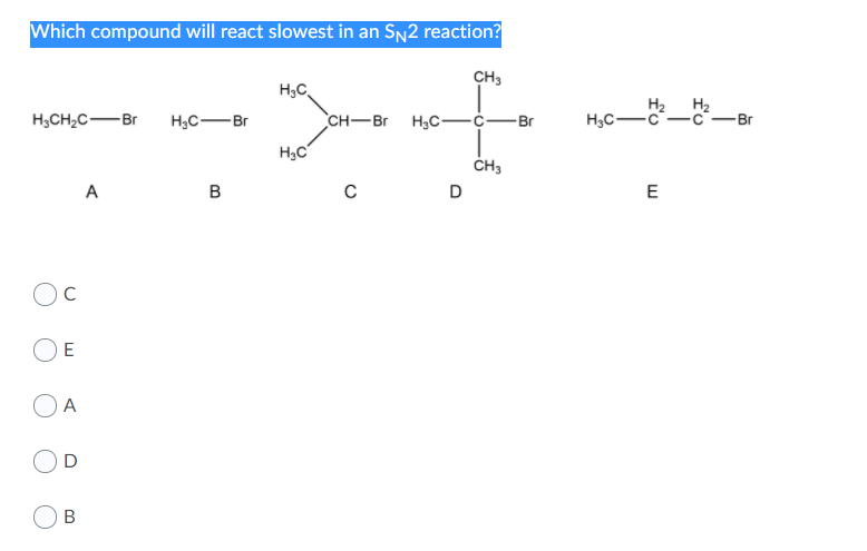 Solved Which Compound Will React Slowest In An Sn2 Reaction