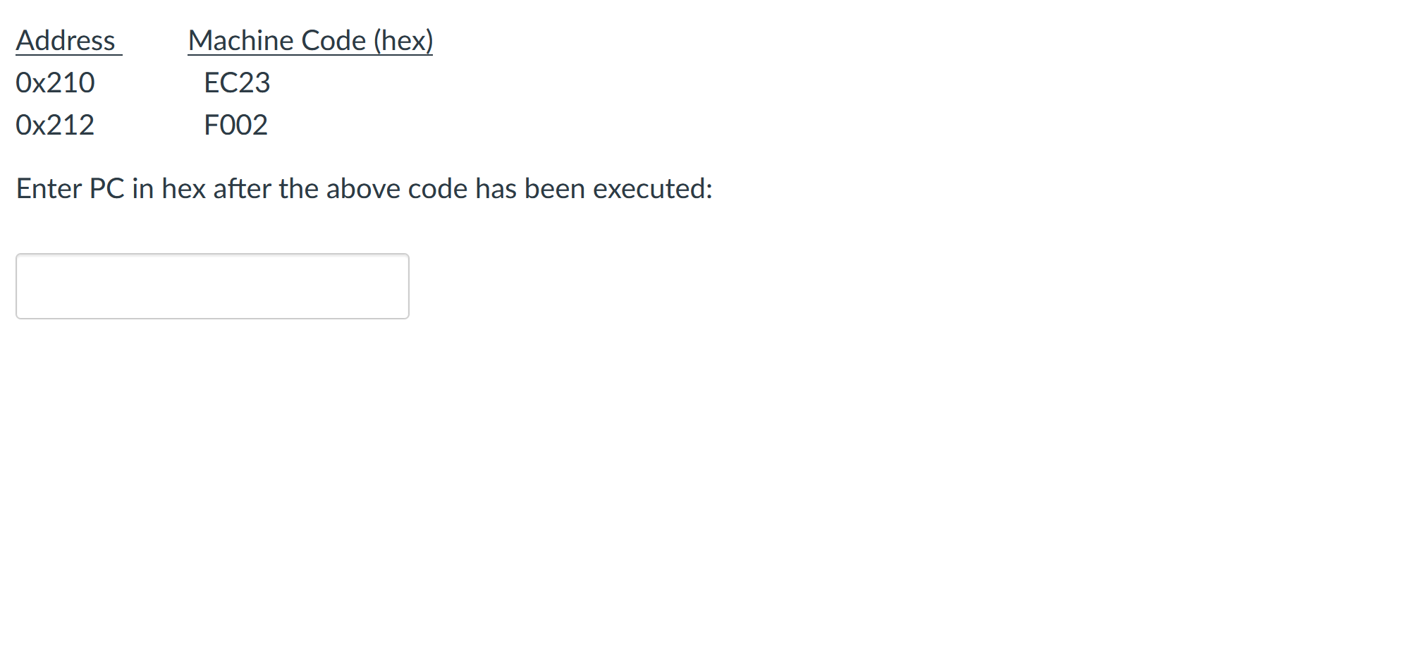 Solved Address Ox210 Ox212 Machine Code (hex) EC23 F002 | Chegg.com