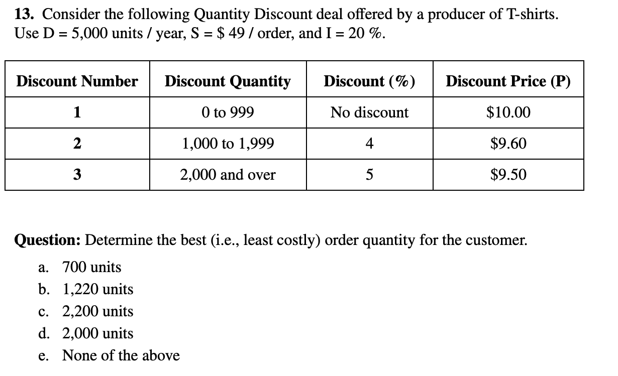 Solved 13. Consider the following Quantity Discount deal | Chegg.com