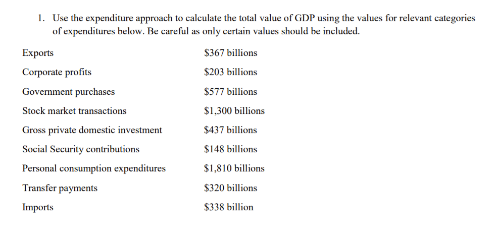 Solved 1. Use the expenditure approach to calculate the | Chegg.com