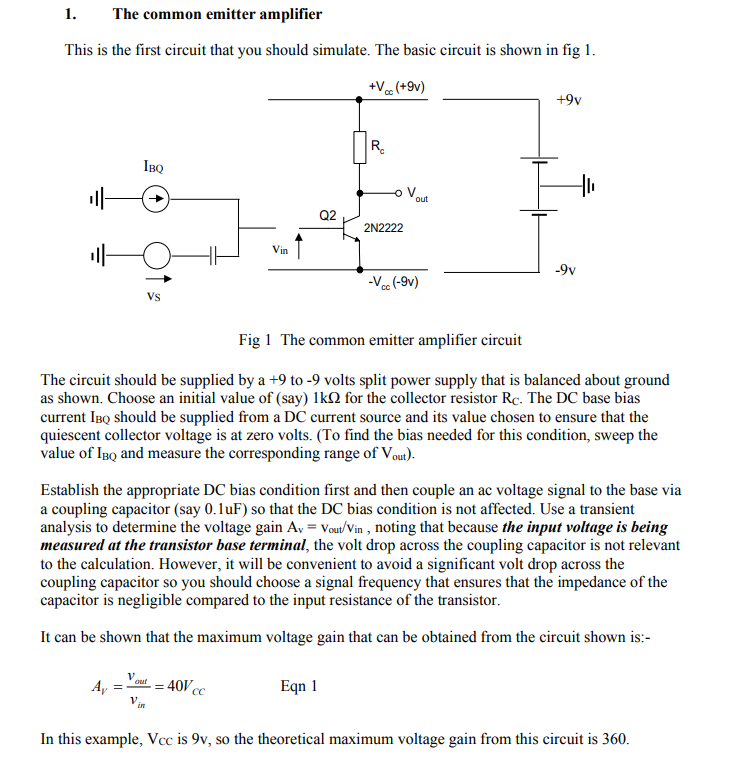 Solved 1. The common emitter amplifier This is the first | Chegg.com