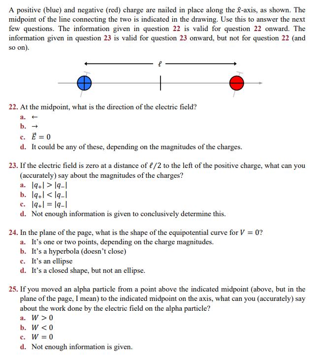Solved A positive (blue) and negative (red) charge are | Chegg.com