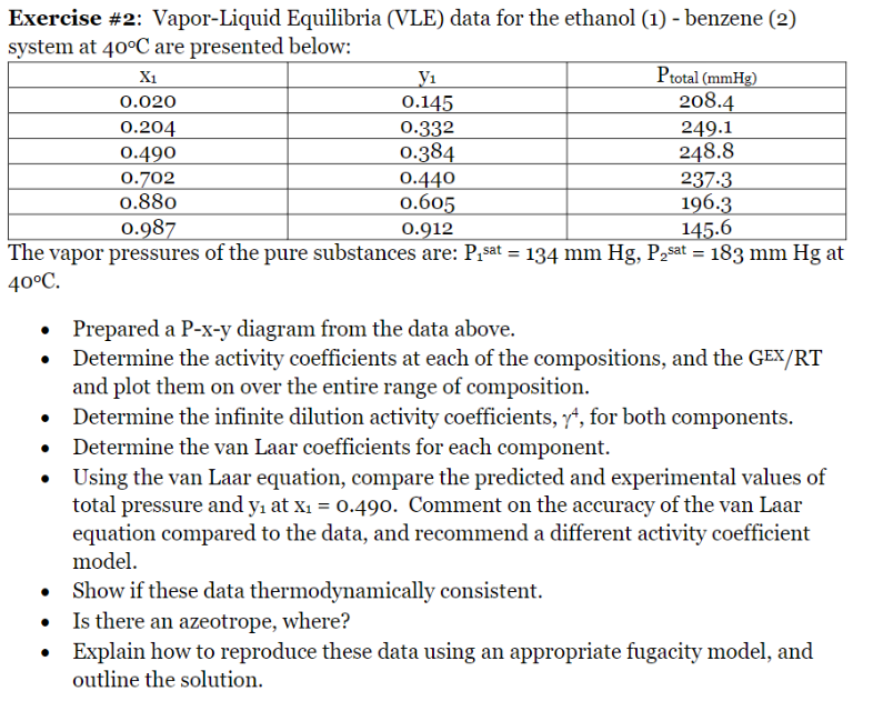 Exercise \#2: Vapor-Liquid Equilibria (VLE) data for | Chegg.com