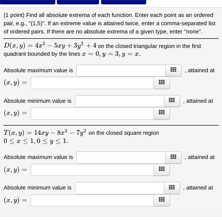 Solved (1 ﻿point) ﻿Find all absolute extrema of each | Chegg.com