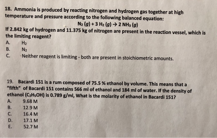 Solved 18. Ammonia is produced by reacting nitrogen and | Chegg.com