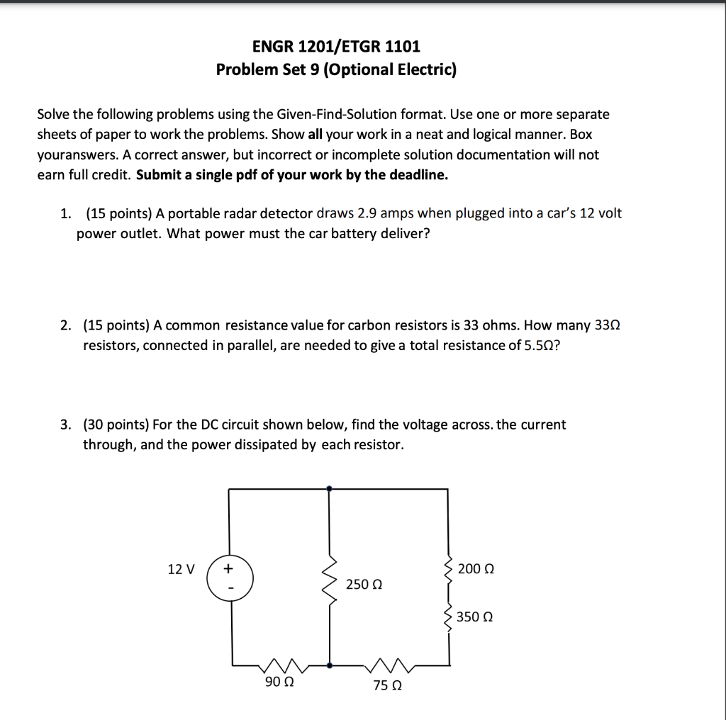 Solved ENGR 1201/ETGR 1101 Problem Set 9 (Optional Electric) | Chegg.com