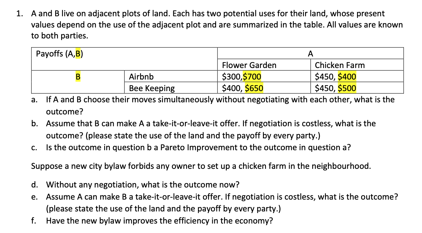 Solved A and B live on adjacent plots of land. Each has two | Chegg.com
