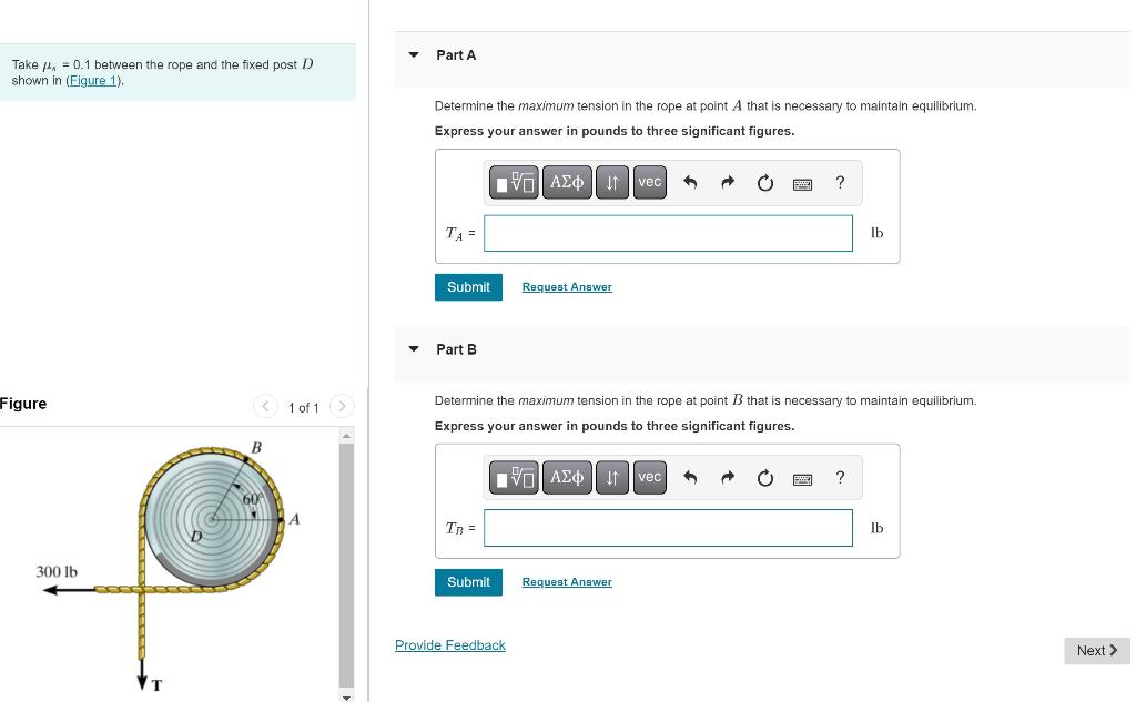 Solved Take μs=0.1 between the rope and the fixed post D | Chegg.com