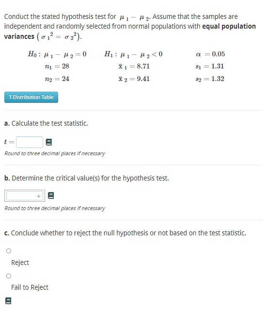 Solved Conduct the stated hypothesis test for μ1−μ2. Assume | Chegg.com