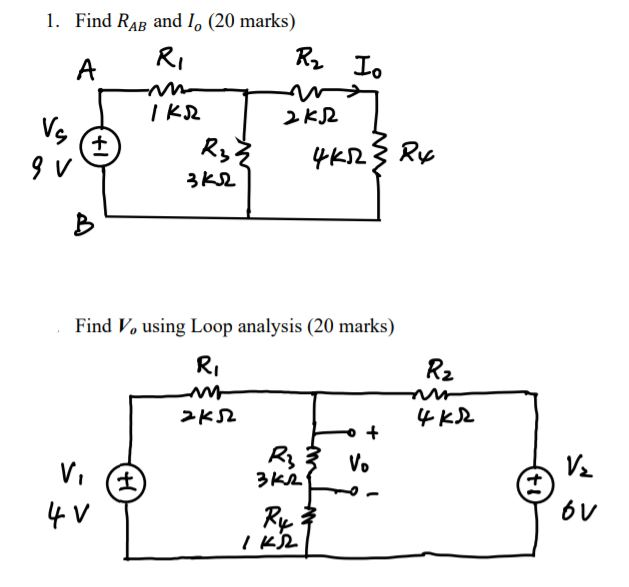 Solved 1. Find RAB and I, (20 marks) A RI R2 Io 2 K2 Vs +1 | Chegg.com