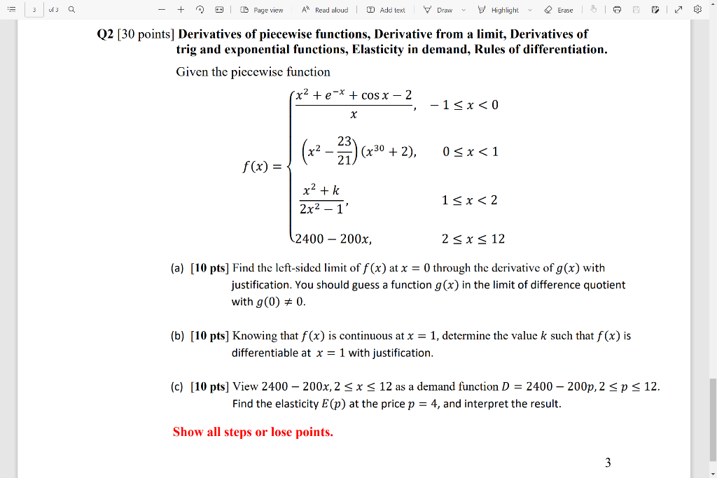 Solved Q2 [ 30 points] Derivatives of piecewise functions, | Chegg.com