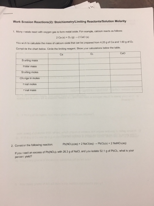 Solved Work Session Reactions(2): Stoichiometry/Limiting | Chegg.com
