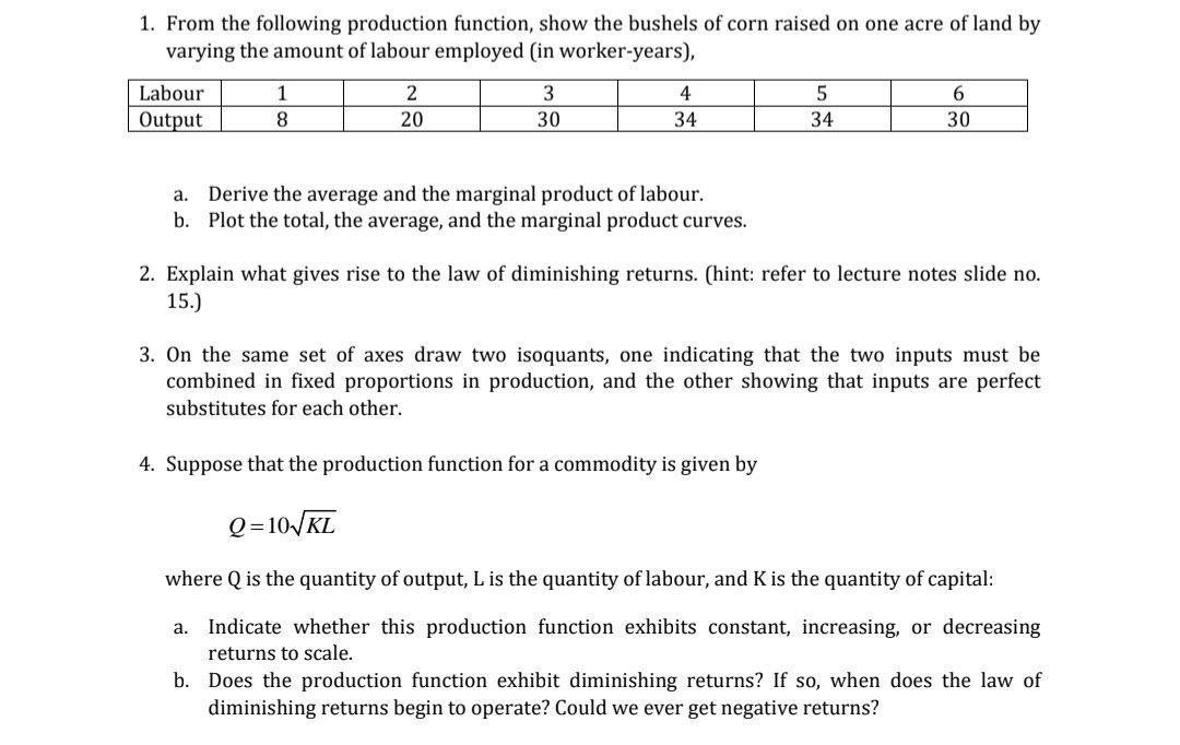 Solved 1. From the following production function, show the | Chegg.com
