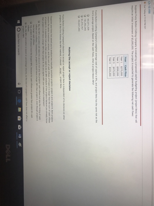 Solved Ch 10 HW require an Initial investment of $3,000,000. | Chegg.com