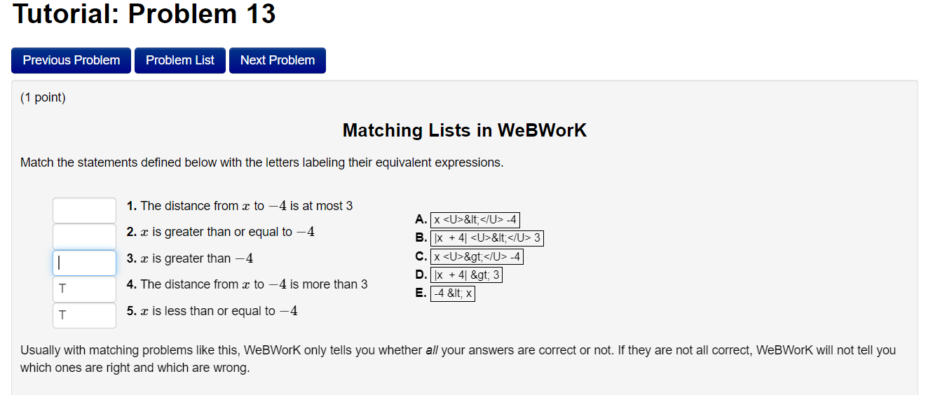 Solved Matching Lists in WeBWorK Match the statements | Chegg.com