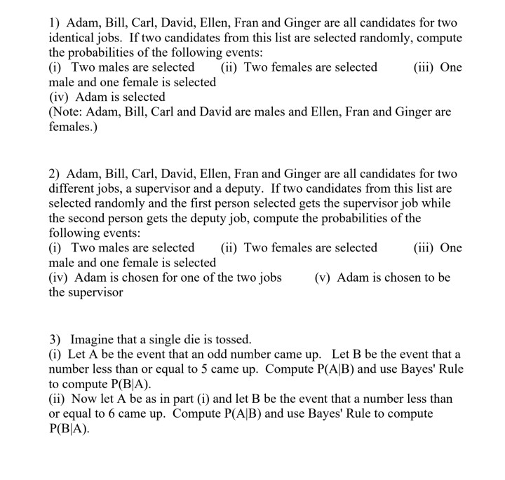Solved 1) Adam, Bill, Carl, David, Ellen, Fran and Ginger | Chegg.com