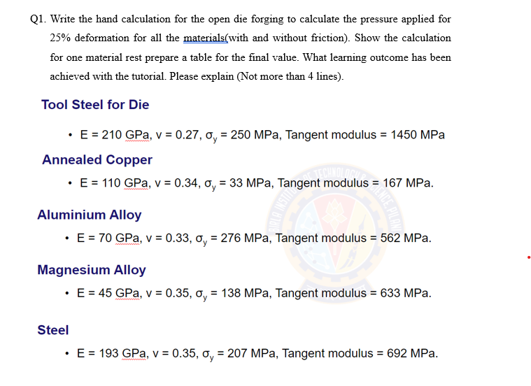 Solved Q1. Write the hand calculation for the open die | Chegg.com