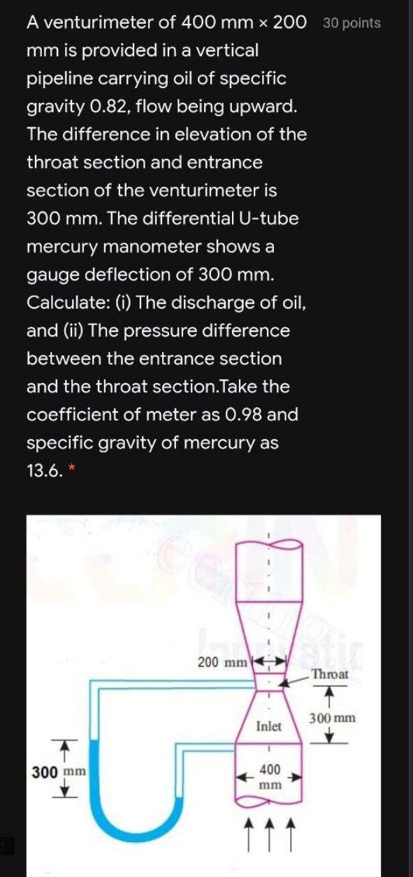 Solved A venturimeter of 400 mm x 200 30 points mm is | Chegg.com