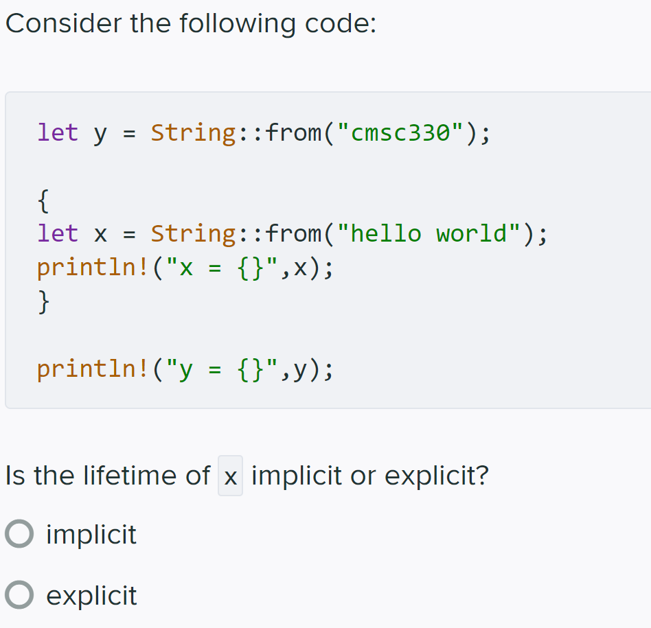 Solved Consider the following code: let y = String:: | Chegg.com