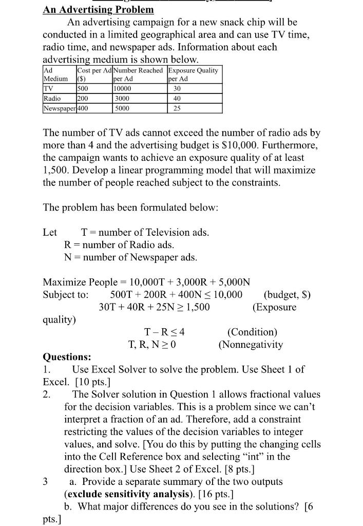 Solved An Advertising Problem An advertising campaign for a | Chegg.com