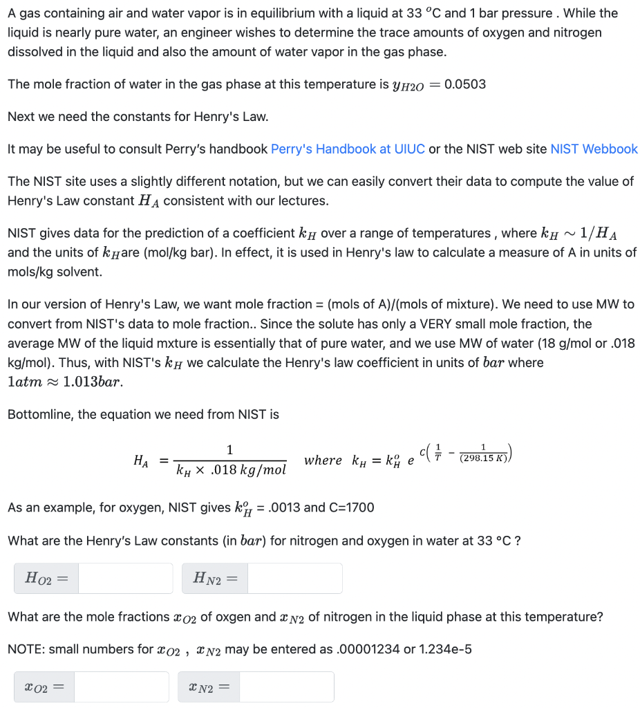 Solved Answers for Henry's Law constants (bar): H(O2) = | Chegg.com