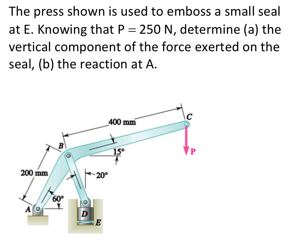 Solved The press shown is used to emboss a small seal at E. | Chegg.com