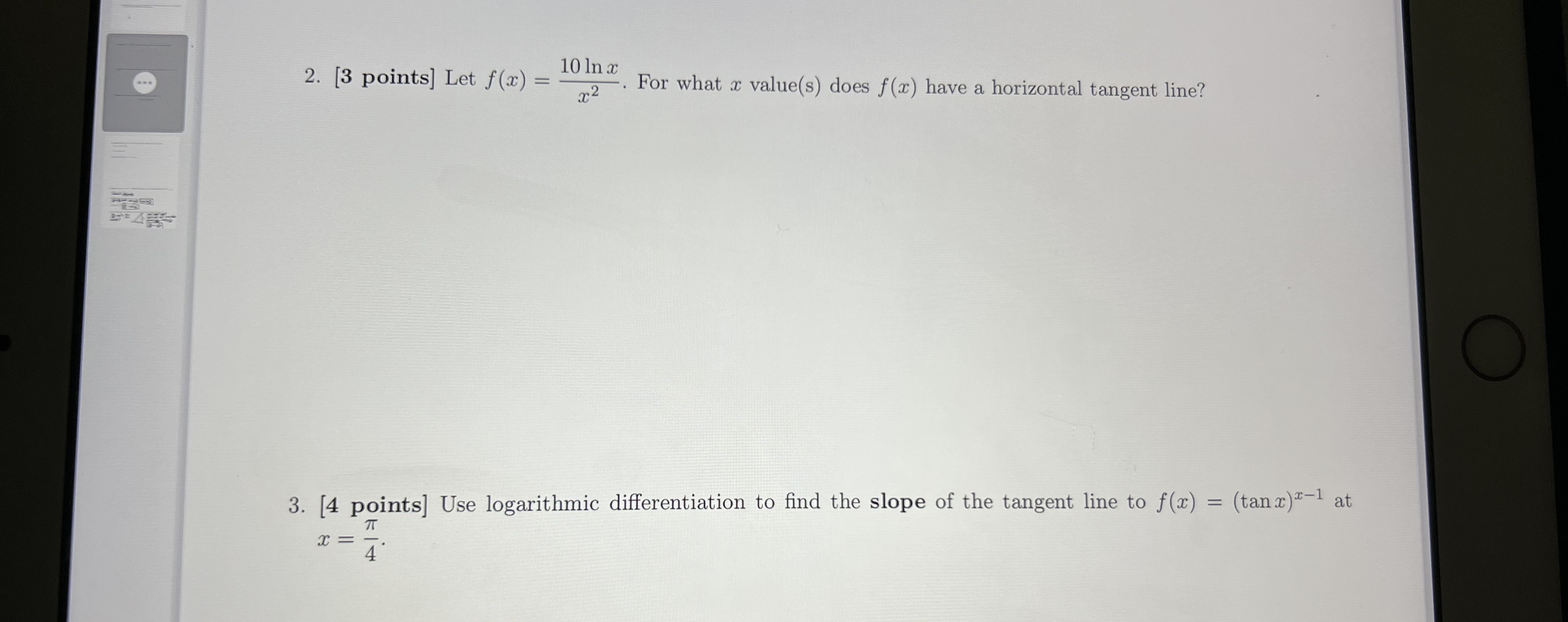 Solved 2. [3 points] Let f(x)=x210lnx. For what x value(s) | Chegg.com