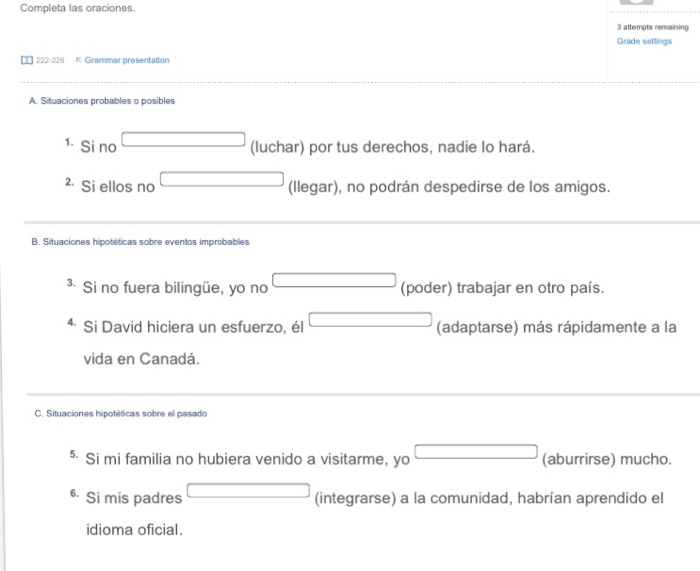 Completa las oraciones. 3 attempts remaining Grade | Chegg.com