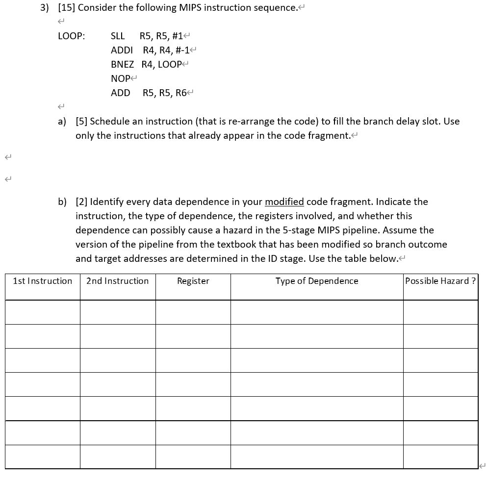 Solved 3) [15] Consider the following MIPS instruction | Chegg.com