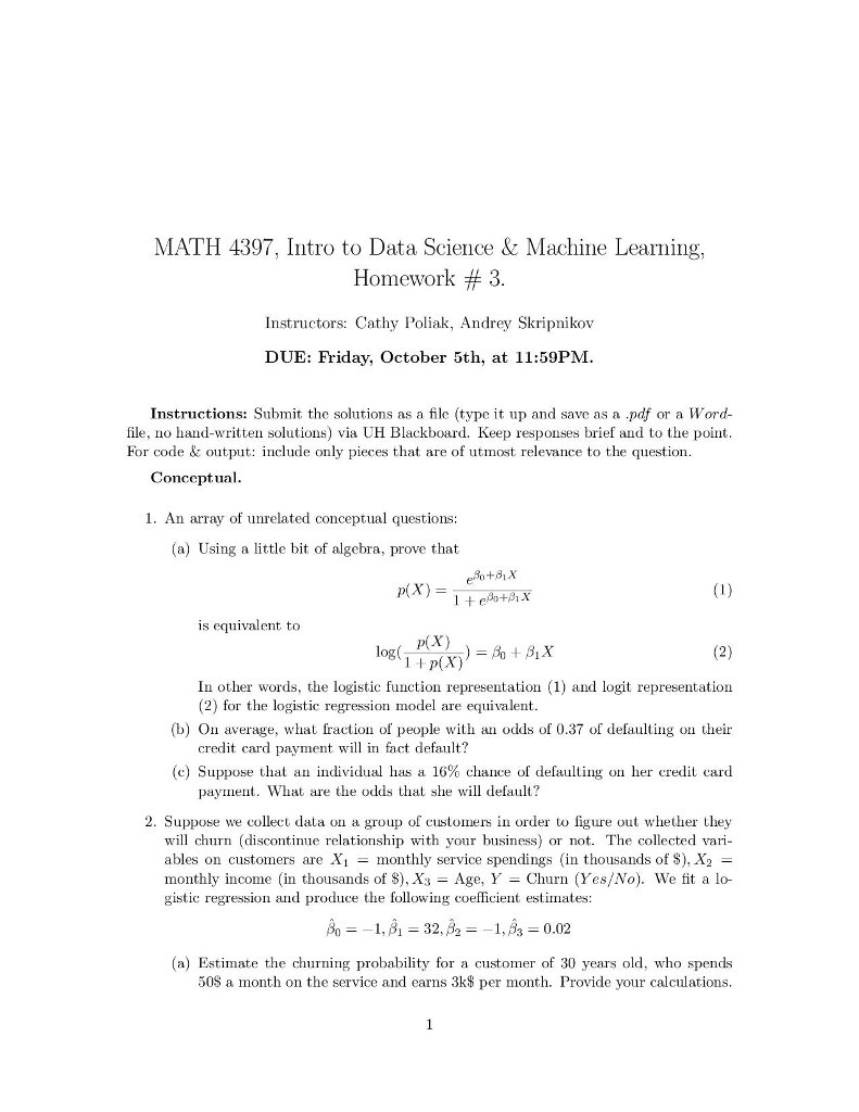 MATH 4397, Intro to Data Science & Machine Learning, | Chegg.com