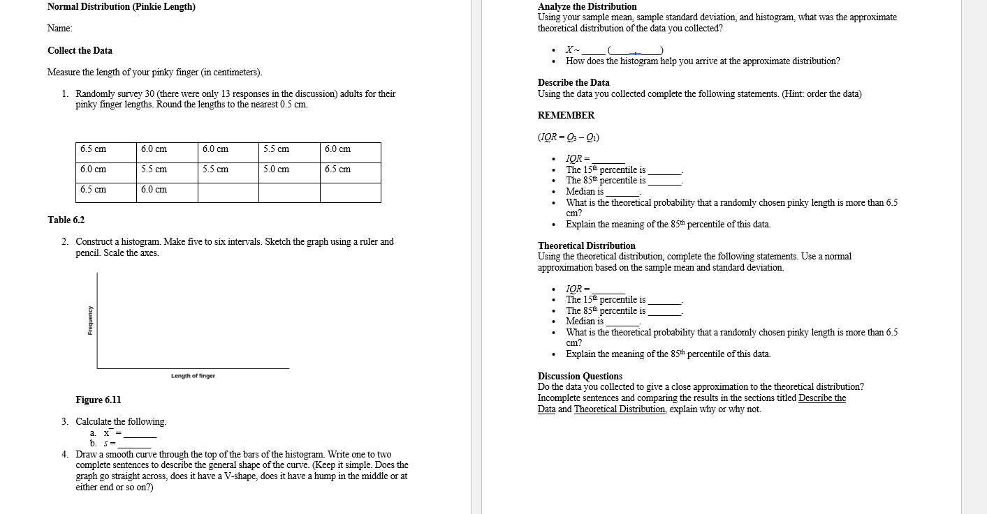 Solved Normal Distribution (Pinkie Length) Name: Collect the | Chegg.com