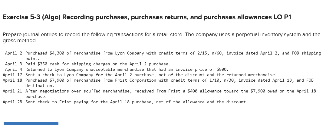 Solved Exercise 5-3 (Algo) Recording purchases, purchases | Chegg.com Solved Exercise 5-3 (Algo) Recording purchases, purchases | Chegg.com