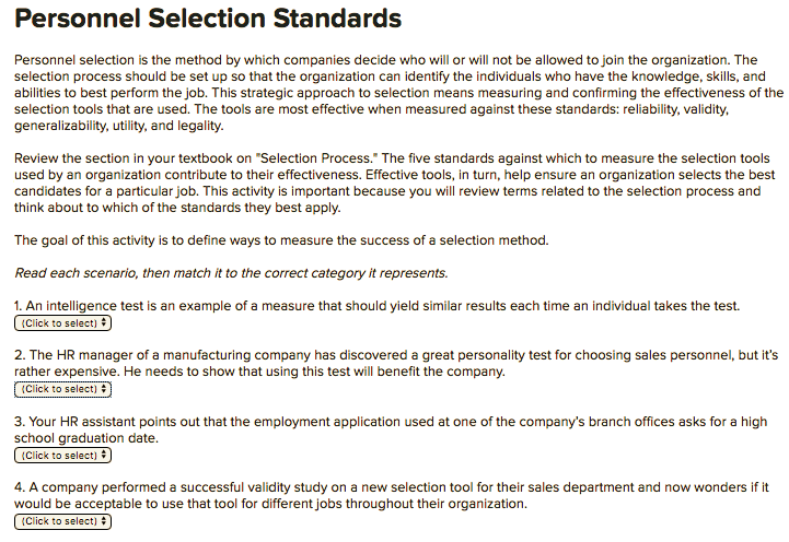 Solved Personnel Selection Standards Personnel selection is | Chegg.com