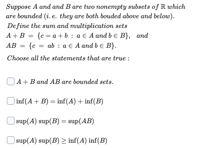 Solved Suppose A and and B ﻿are two nonempty subsets of R | Chegg.com