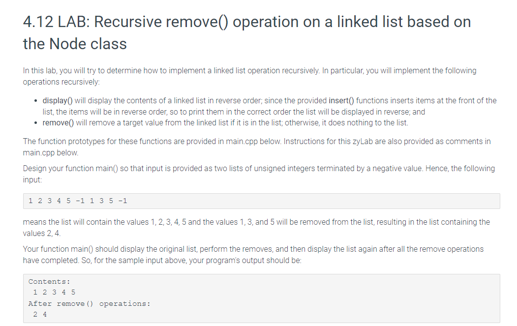 Solved 4.12 LAB: Recursive remove() operation on a linked | Chegg.com