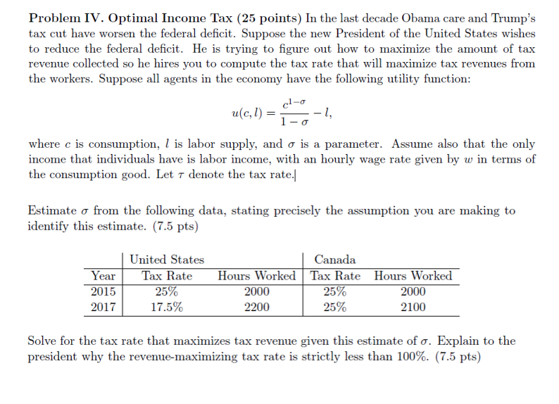 Solved Problem IV. Optimal Income Tax (25 points) In the | Chegg.com