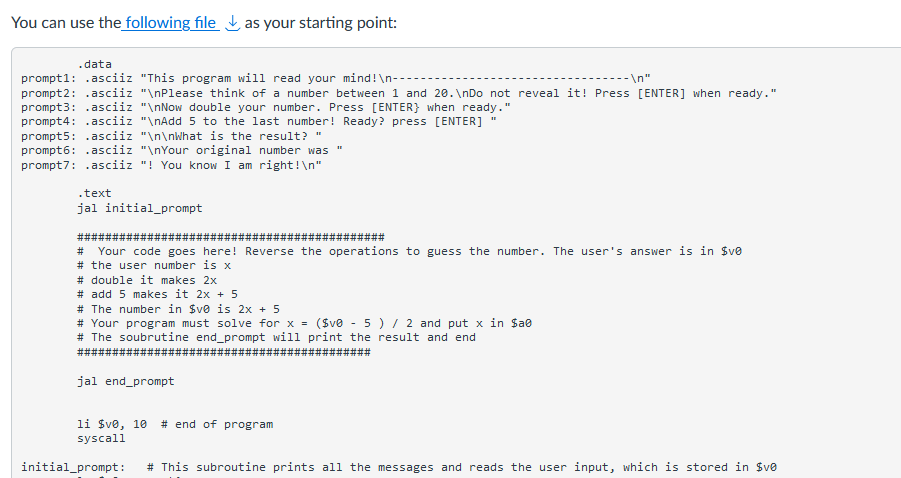Solved Write a program in MIPS that "reads" the mind of a | Chegg.com
