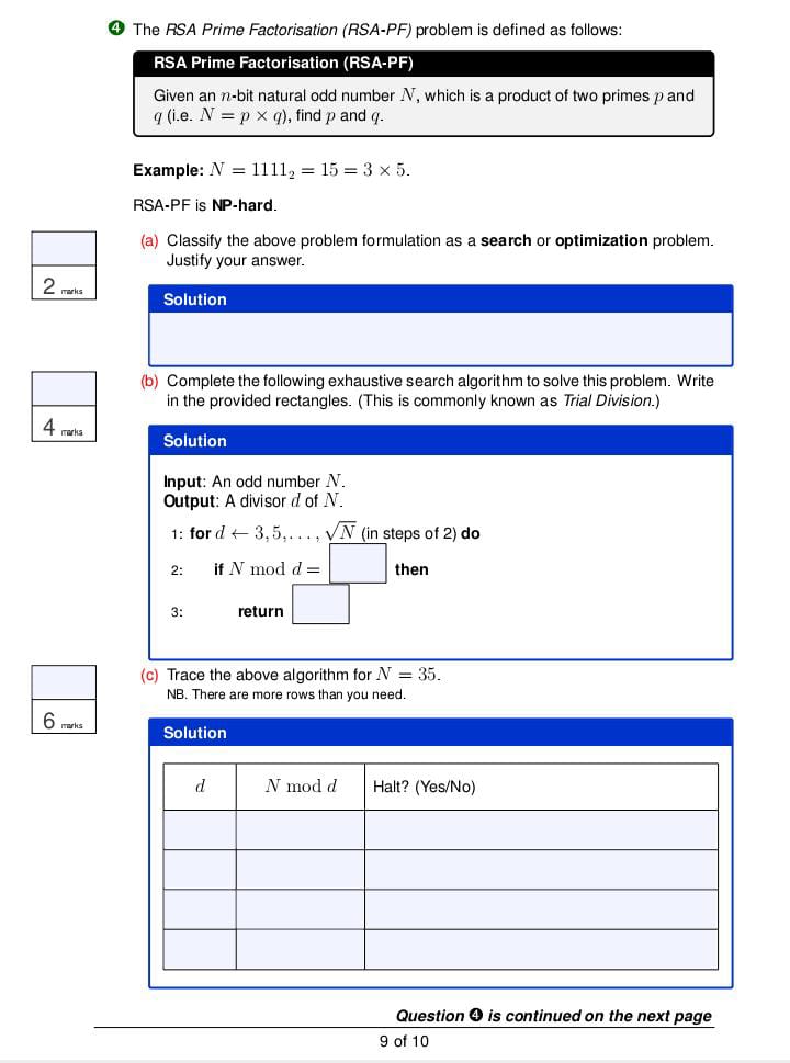 Solved (4) The RSA Prime Factorisation (RSA-PF) problem is | Chegg.com