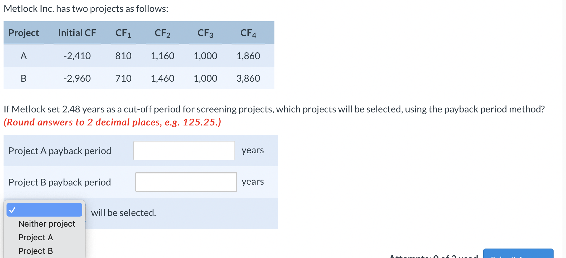 Solved Metlock Inc. has two projects as follows: If Metlock | Chegg.com Solved Metlock Inc. has two projects as follows: If Metlock | Chegg.com