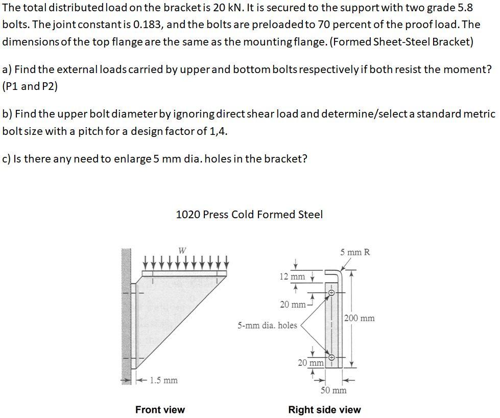 Solved The total distributed load on the bracket is 20 kN. | Chegg.com
