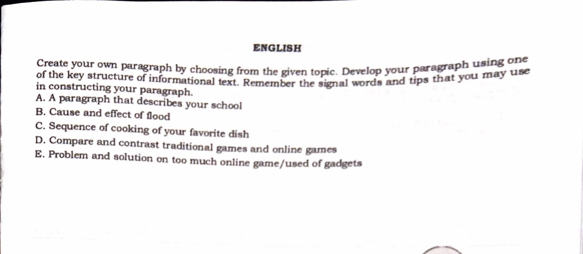 Solved ENGLISH Create your own paragraph by choosing from | Chegg.com