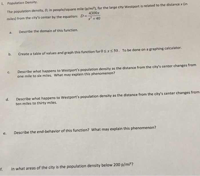 1. Population Density The population density, D, in | Chegg.com