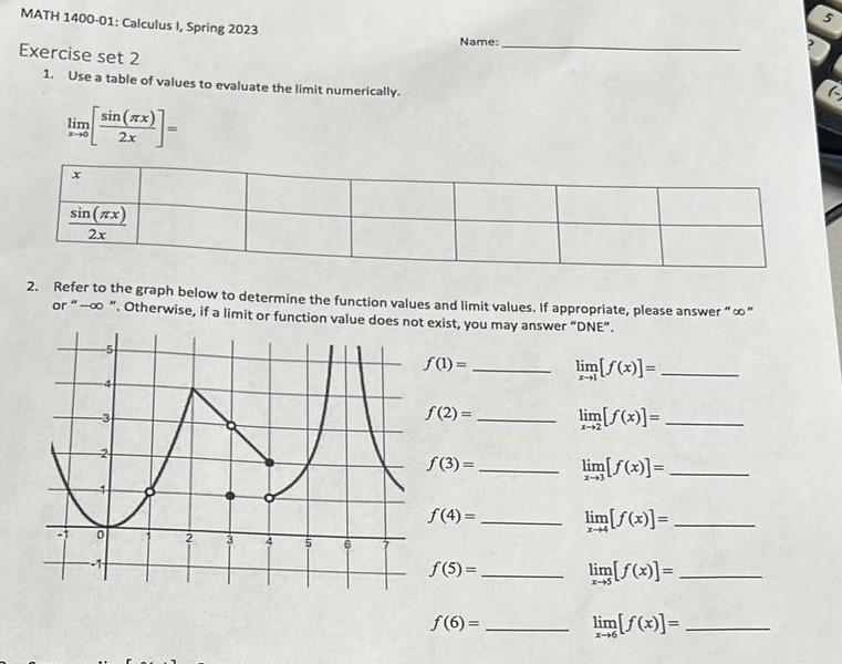 Solved xercise set 2 1. Use a table of values to evaluate | Chegg.com