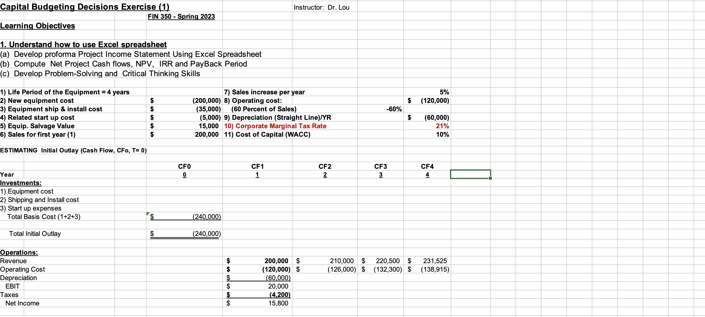 Capital Budgeting Decisions Exercise (1) Instructor: | Chegg.com
