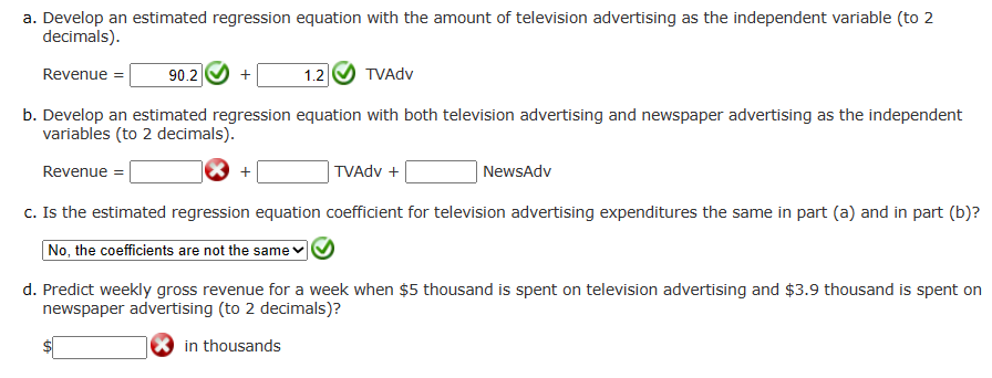 Solved a. Develop an estimated regression equation with the | Chegg.com
